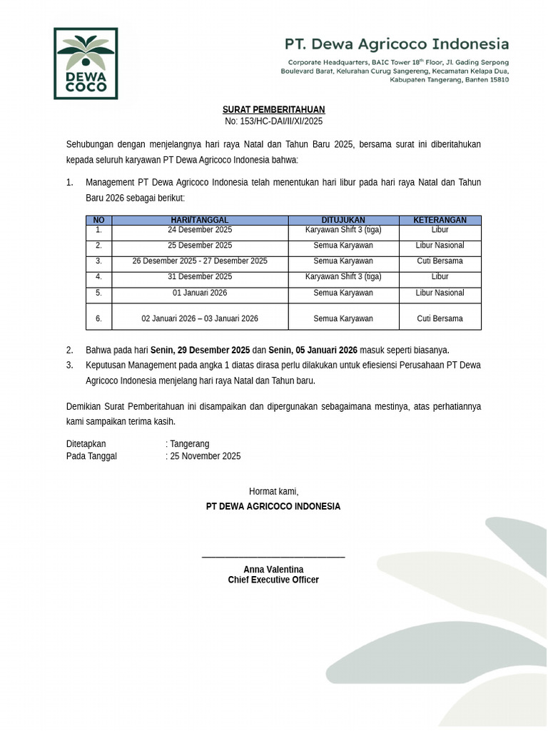 Surat Pemberitahuan Libur | PDF