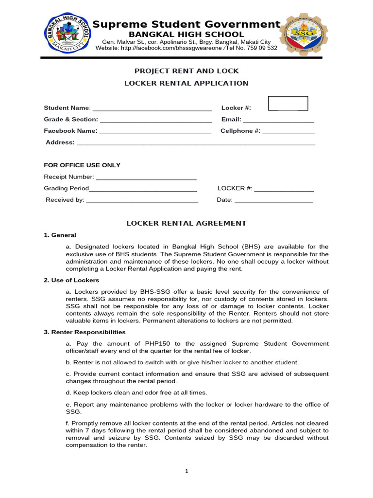 Bangkal High School Locker Rental Agreement | PDF | Renting