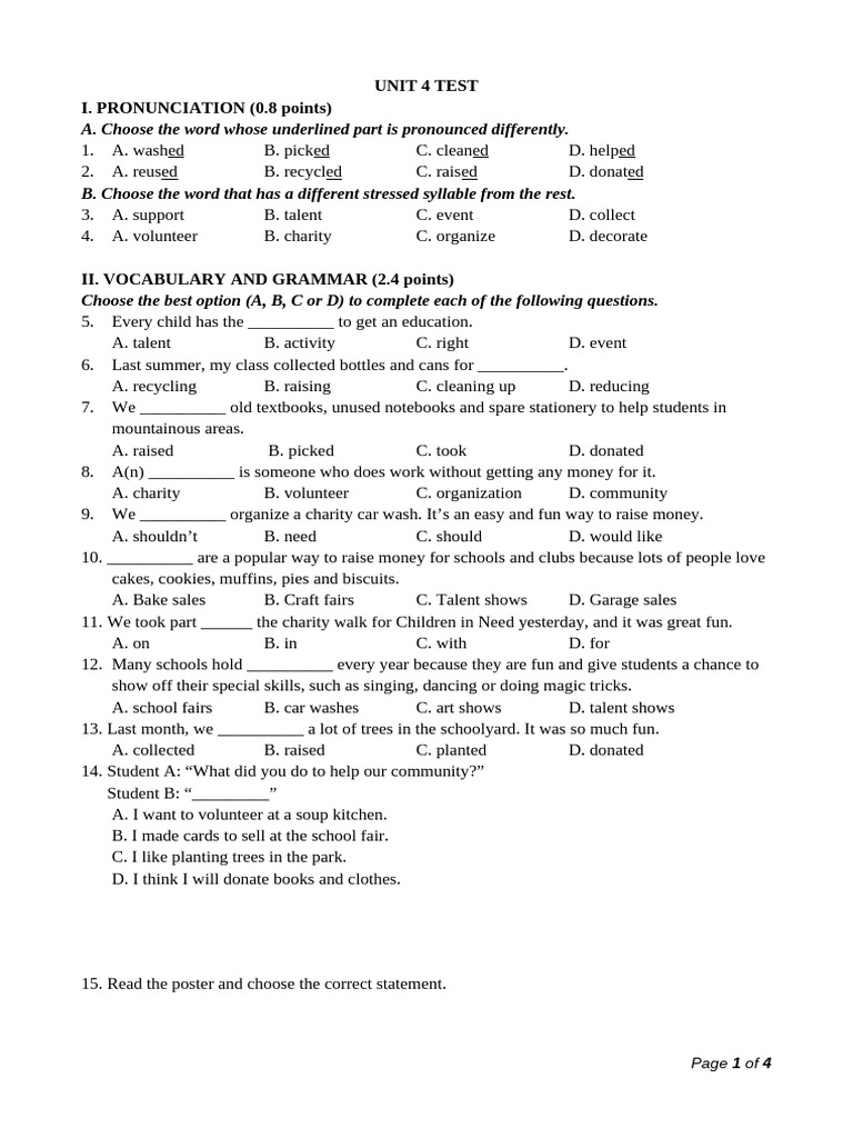 Unit 4 Test: Pronunciation & Vocabulary | PDF