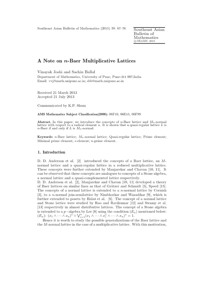 A Note On N-Baer Multiplicative Lattic | PDF | Multiplication | Set ...