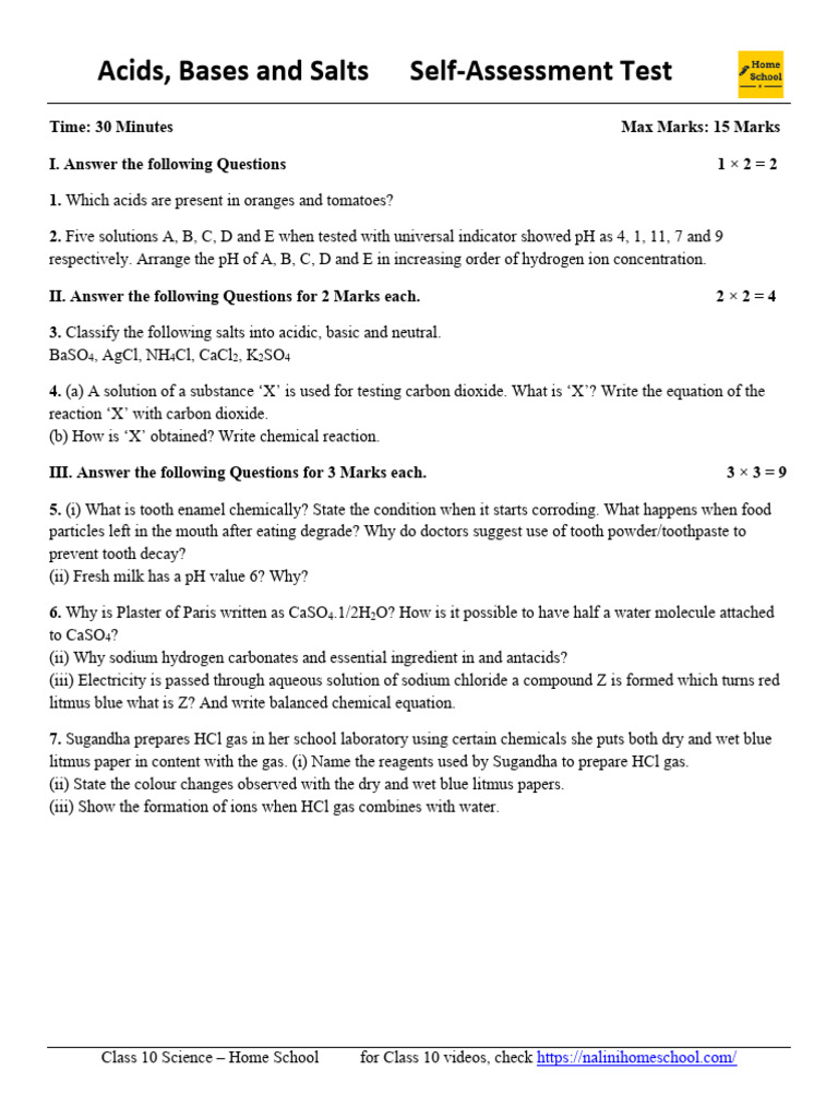 Class 10 Acids, Bases, and Salts Test | PDF