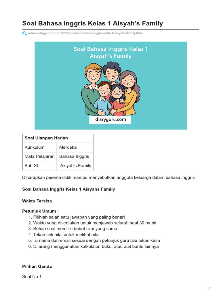 Diaryguru.com-Soal Bahasa Inggris Kelas 1 Aisyah’s Family | PDF