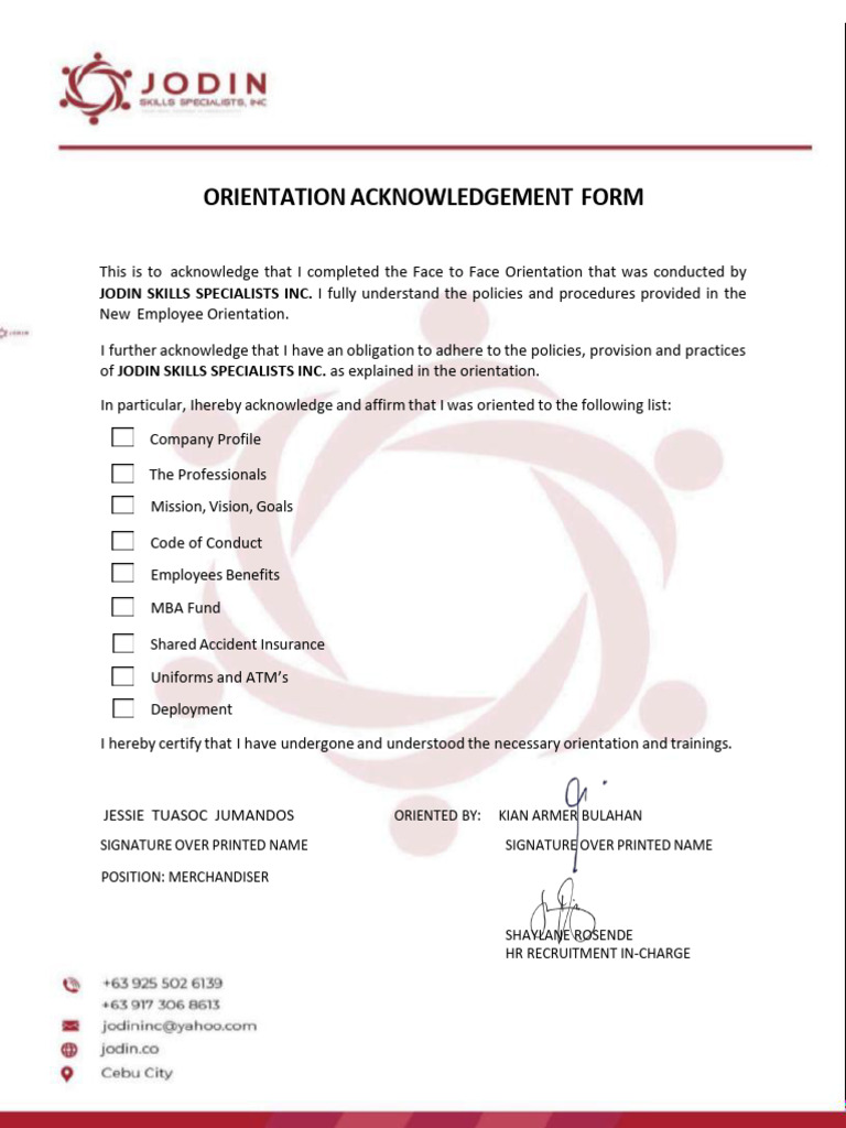 Orientation Acknowledgement Form | PDF