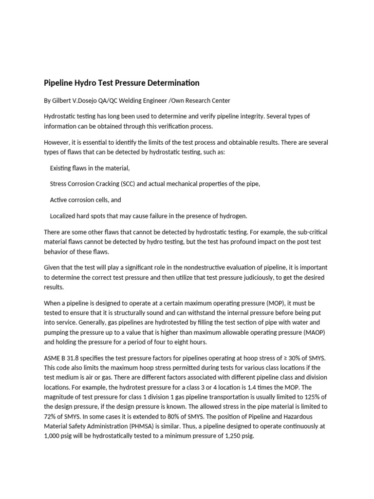Pipeline Hydro Test Pressure Guide | PDF | Strength Of Materials ...