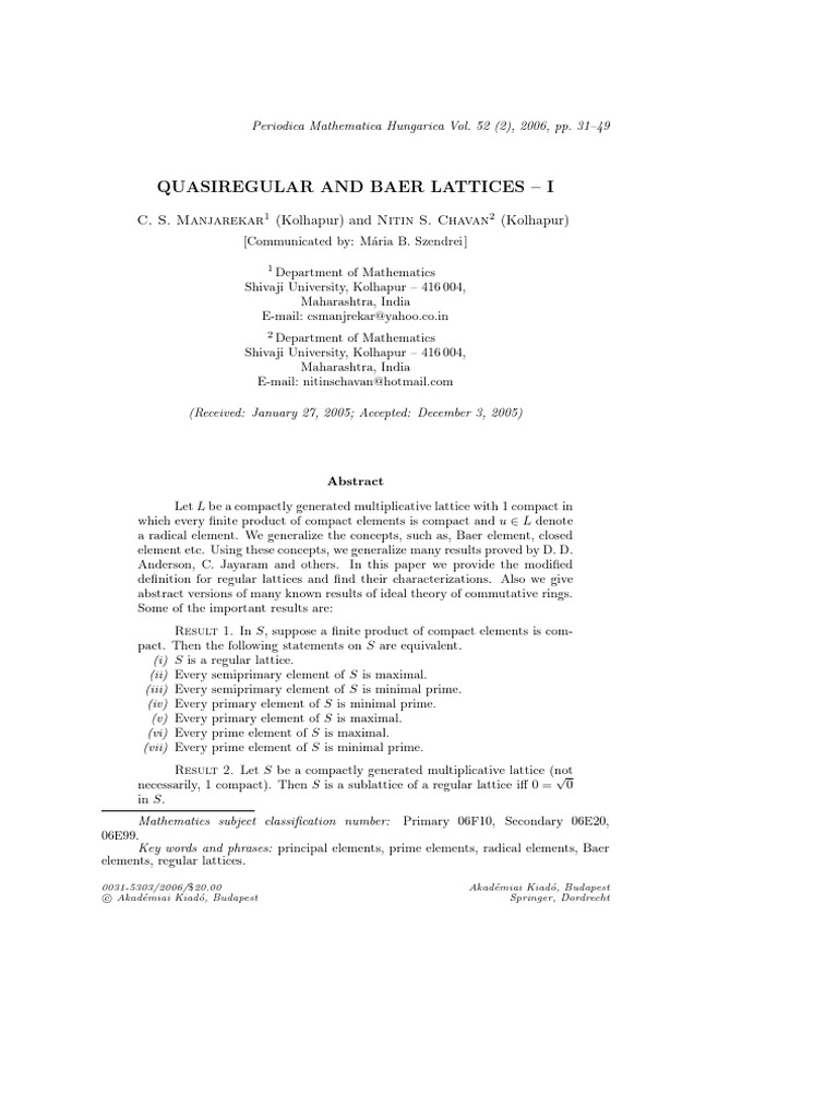 Quasiregular and Baer Lattices - I | PDF | Theorem | Boolean Algebra