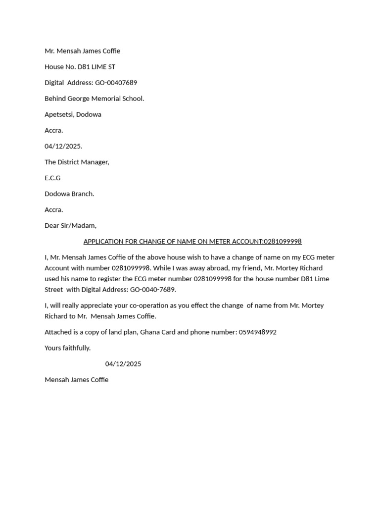 Name Change Request for ECG Meter Account | PDF