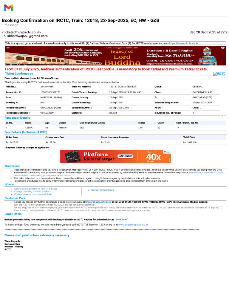 Gmail - Booking Confirmation On IRCTC, Train - 12018, 22-Sep-2025, EC ...