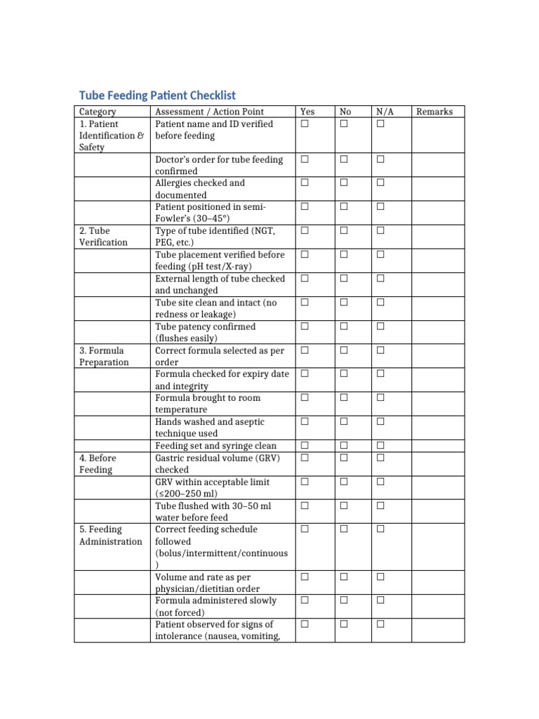 Tube Feeding Patient Checklist (1) | PDF | Gastroenterology | Diseases ...