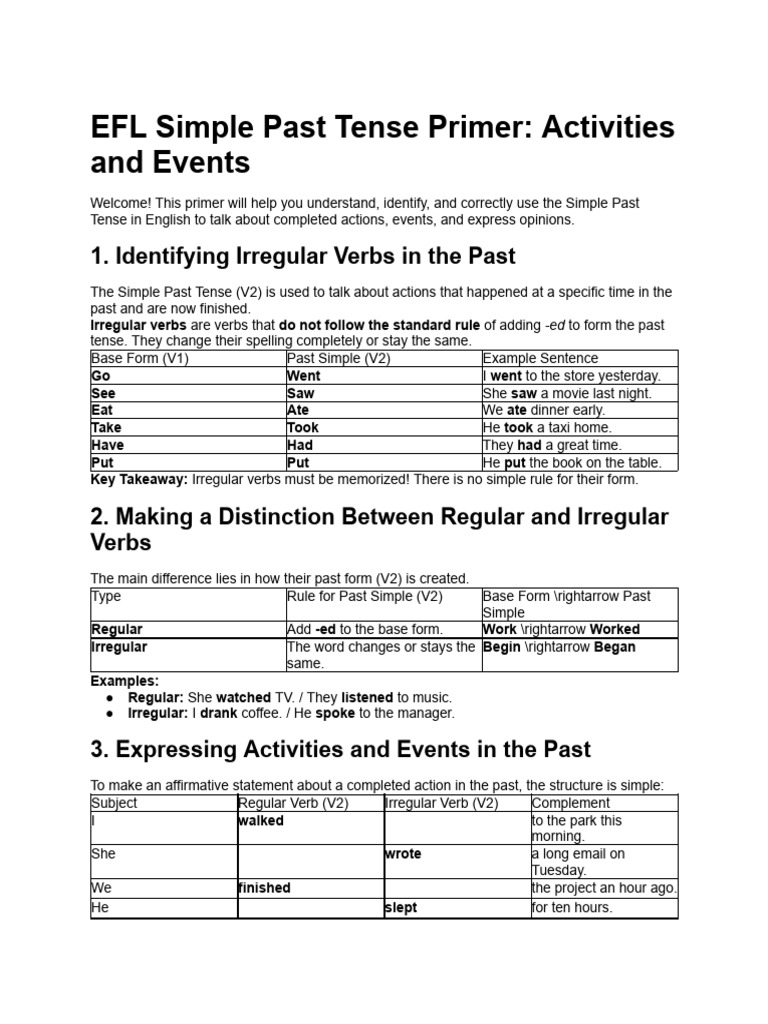 EFL Simple Past Tense Activities Guide | PDF | Subject (Grammar) | Question