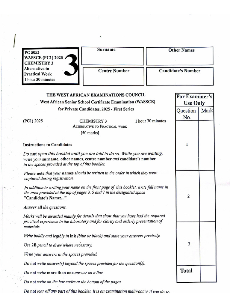 2025 WAEC GCE First Series Chemistry Practical Questions | PDF