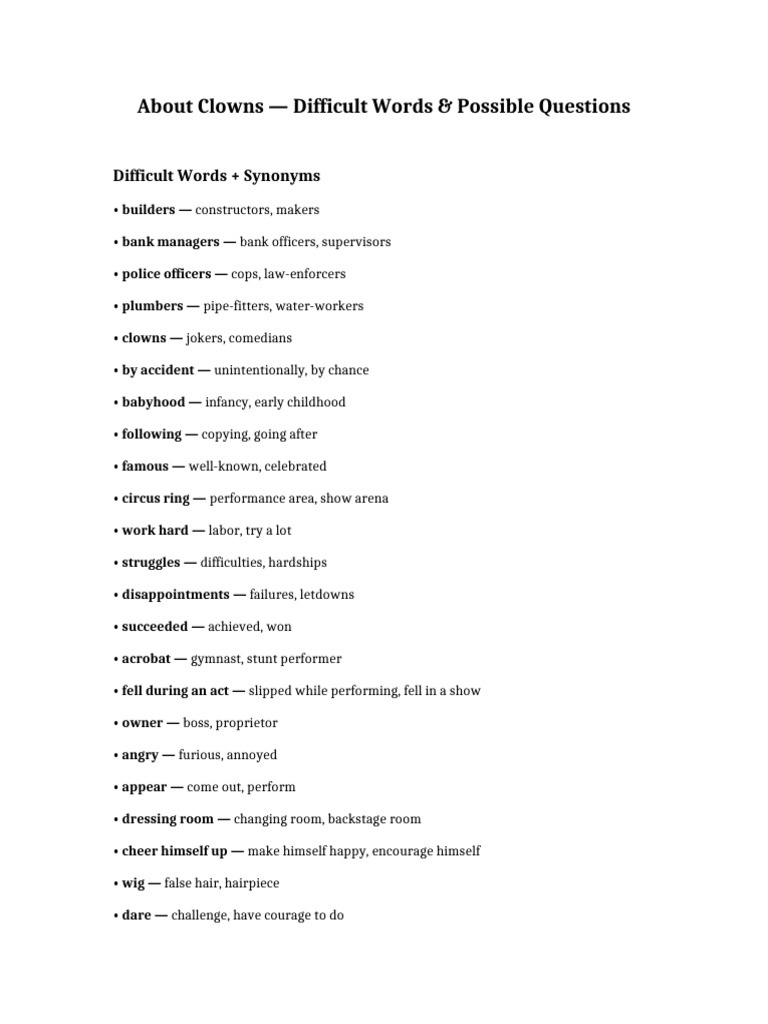 About Clowns Difficult Words and Questions | PDF