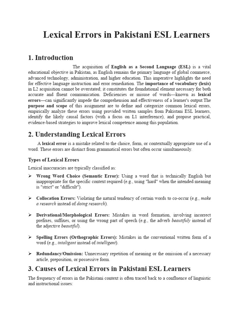 Lexical Errors in Pakistani ESL Learners | PDF | English As A Second Or ...