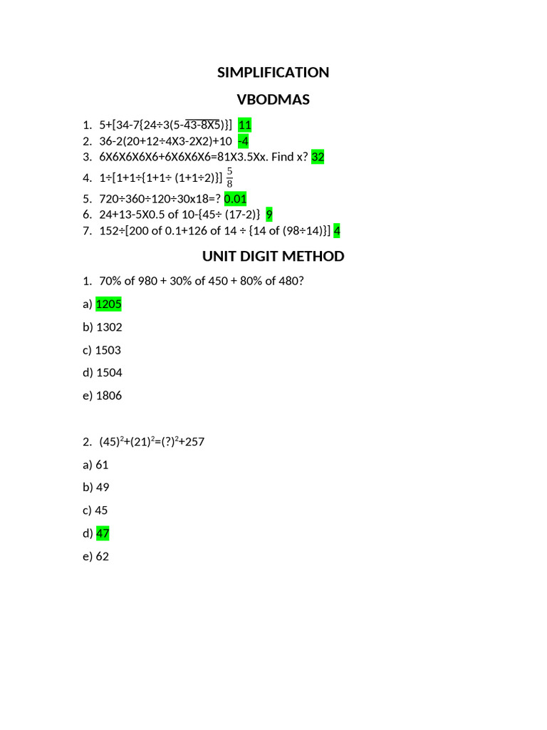Math Simplification and Unit Digit Methods | PDF
