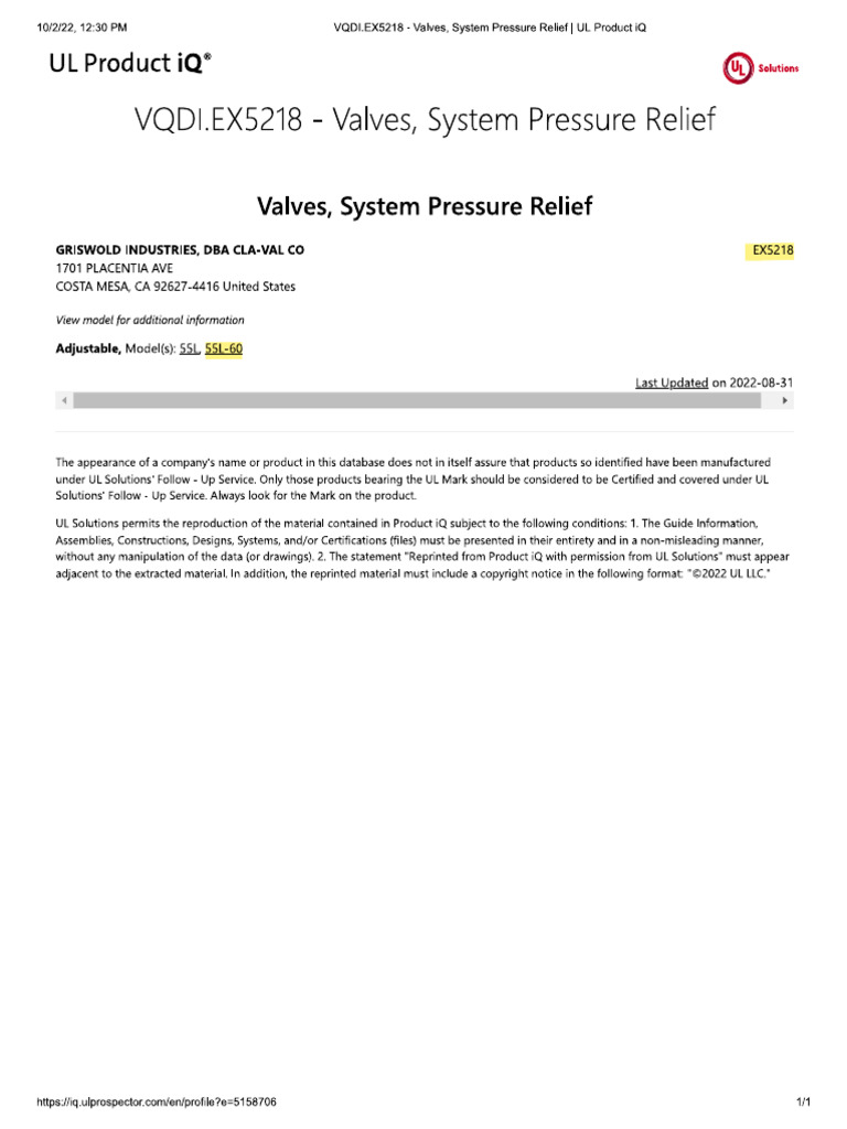 Circulation Relief Valve - Certificate (EX5218) | PDF