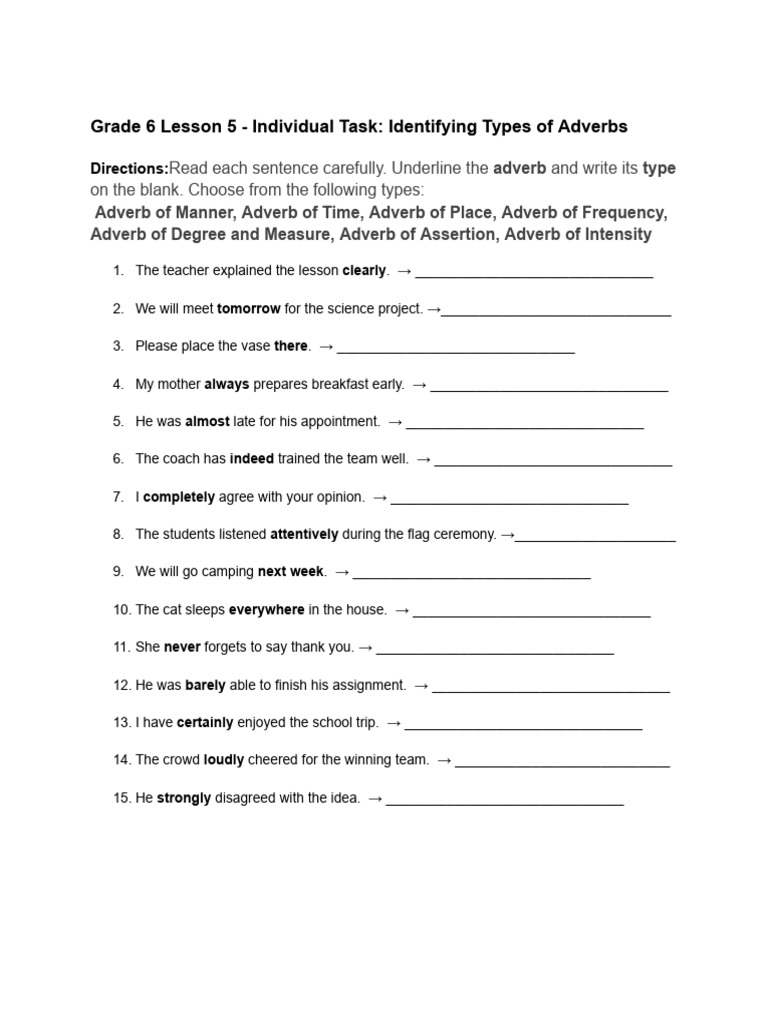 Grade 6 Adverb Types Worksheet | PDF