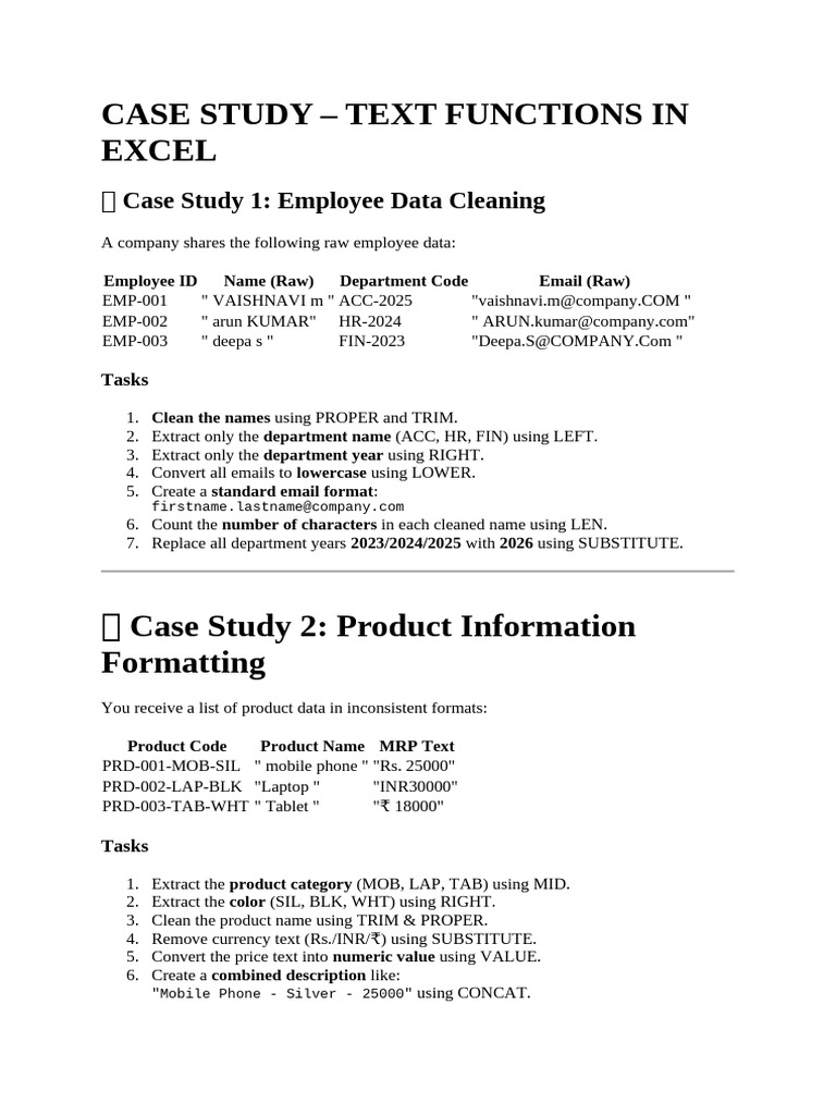 Excel Text Functions Case Study Guide | PDF | Invoice | Computing