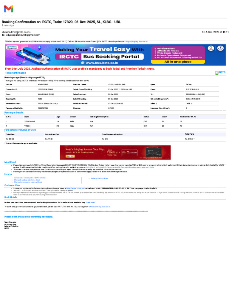 Gmail - Booking Confirmation on IRCTC, Train_ 17320, 06-Dec-2025, SL ...
