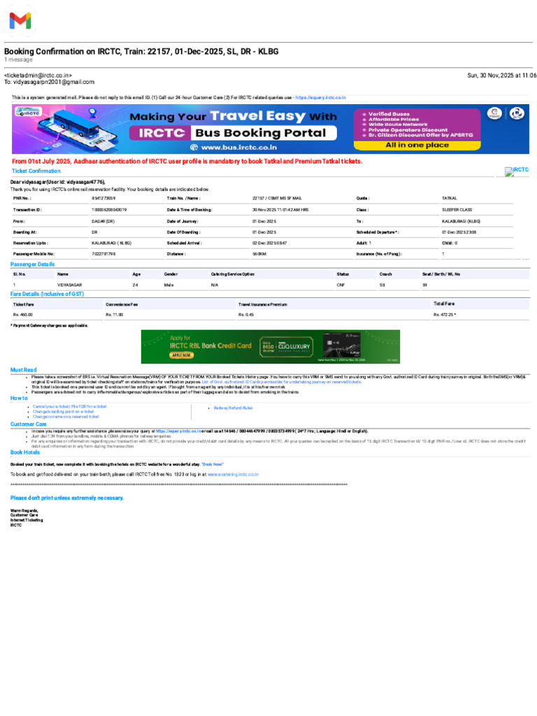 Gmail - Booking Confirmation On IRCTC, Train - 22157, 01-Dec-2025, SL ...