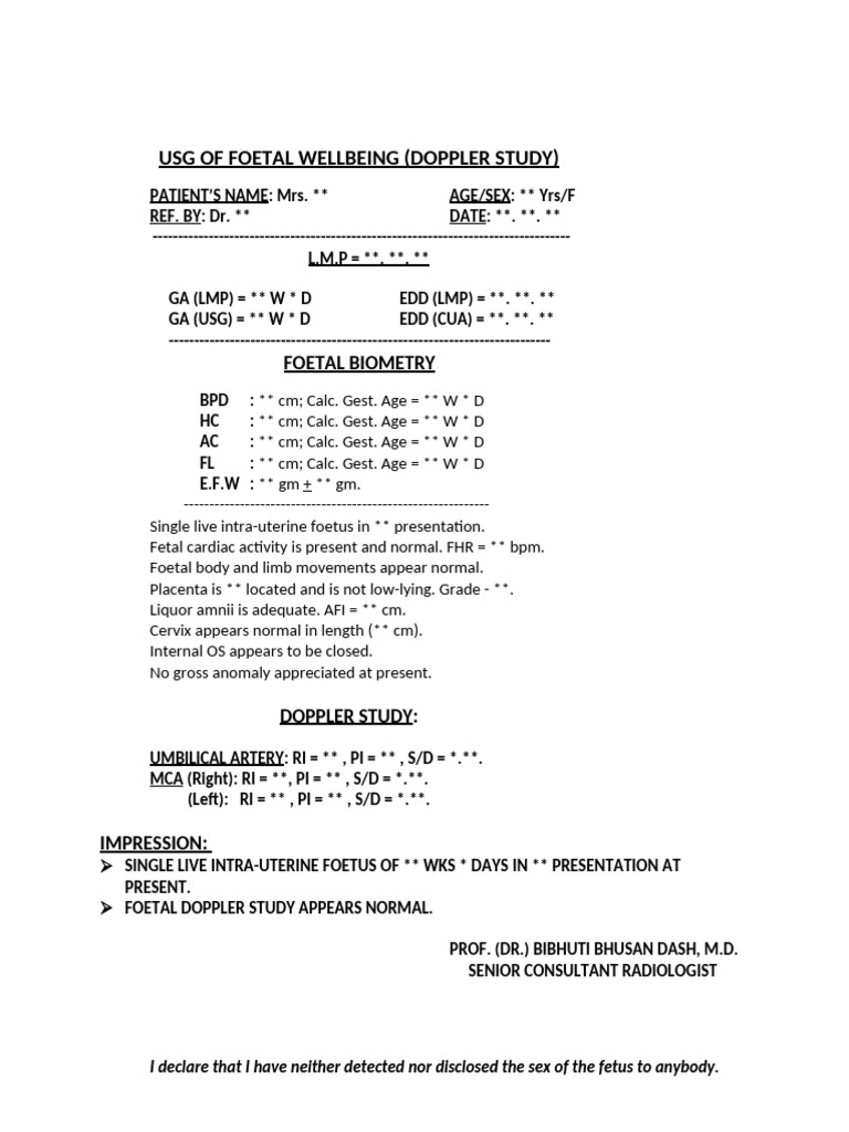 Foetal Wellbeing Doppler Study Report | PDF
