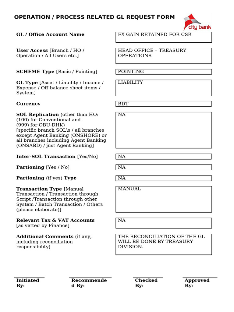 GL Request Form for Treasury Operations | PDF