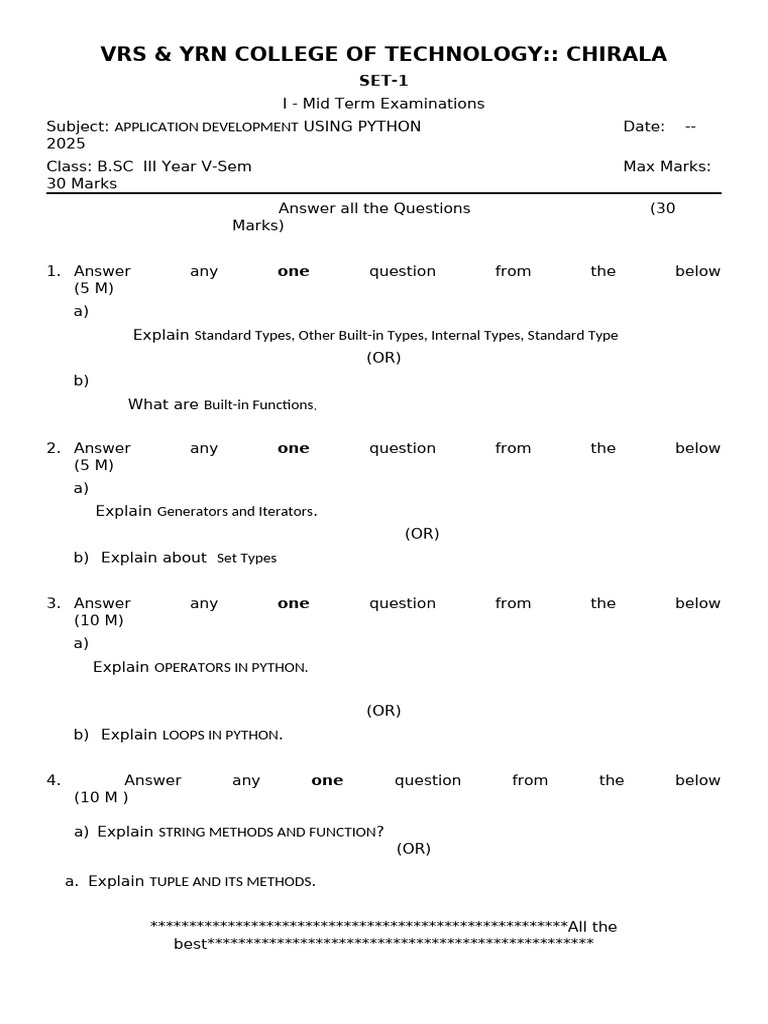 III BSC Application Python Question Paper Mid 1 | PDF | Python ...