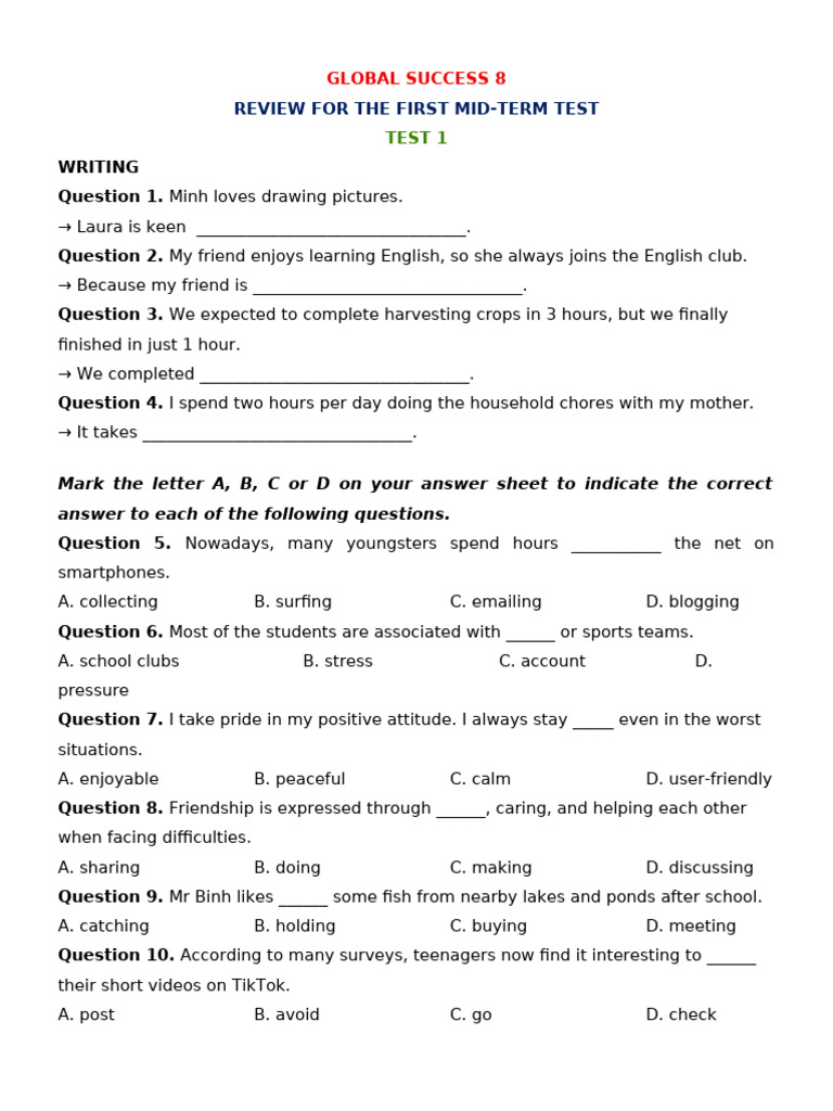 Mid-Term Test Review for Global Success 8 | PDF | Caffeine