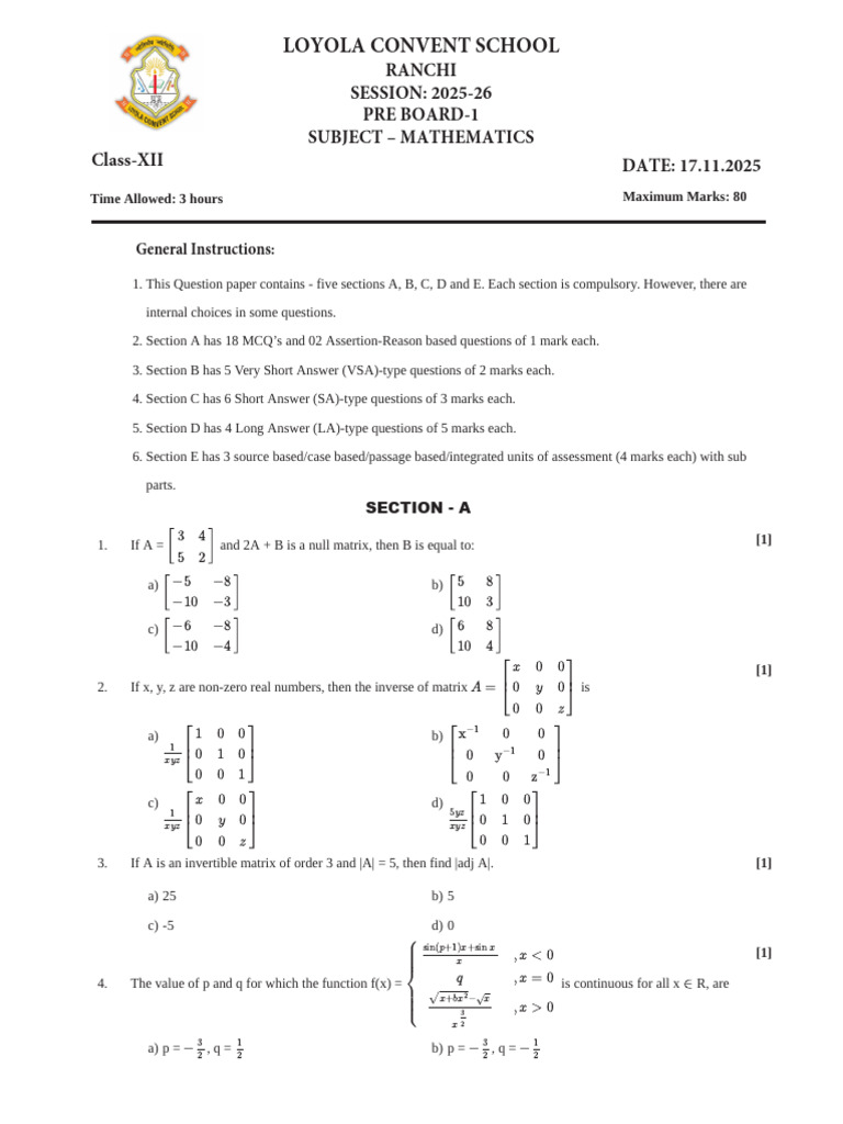 Xii Math Pb - 1 - Lcs 2025-26 - Final | PDF | Area | Linear Algebra