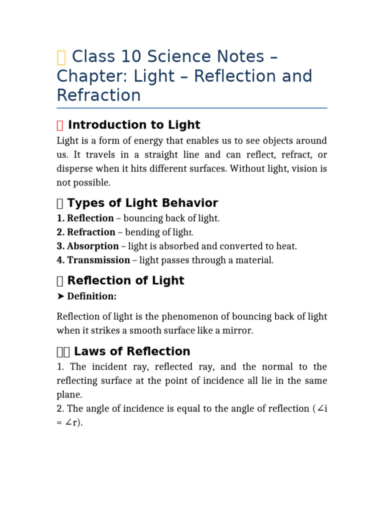 Class 10 Science: Light Reflection & Refraction | PDF | Mirror ...
