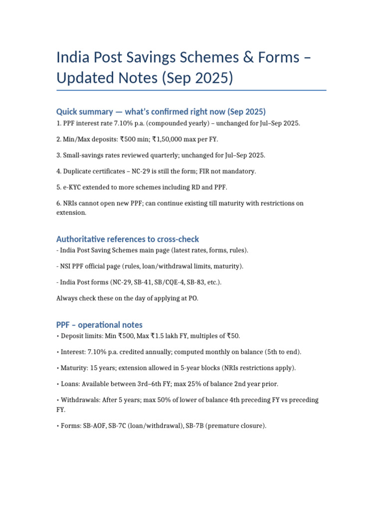 IndiaPost Schemes Forms Notes Sep2025 | PDF