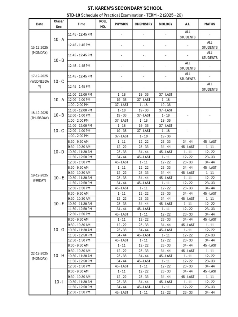 Revised Std 10 Practical Exam Asl Exam Schedule Term 2 2025 26 | PDF ...