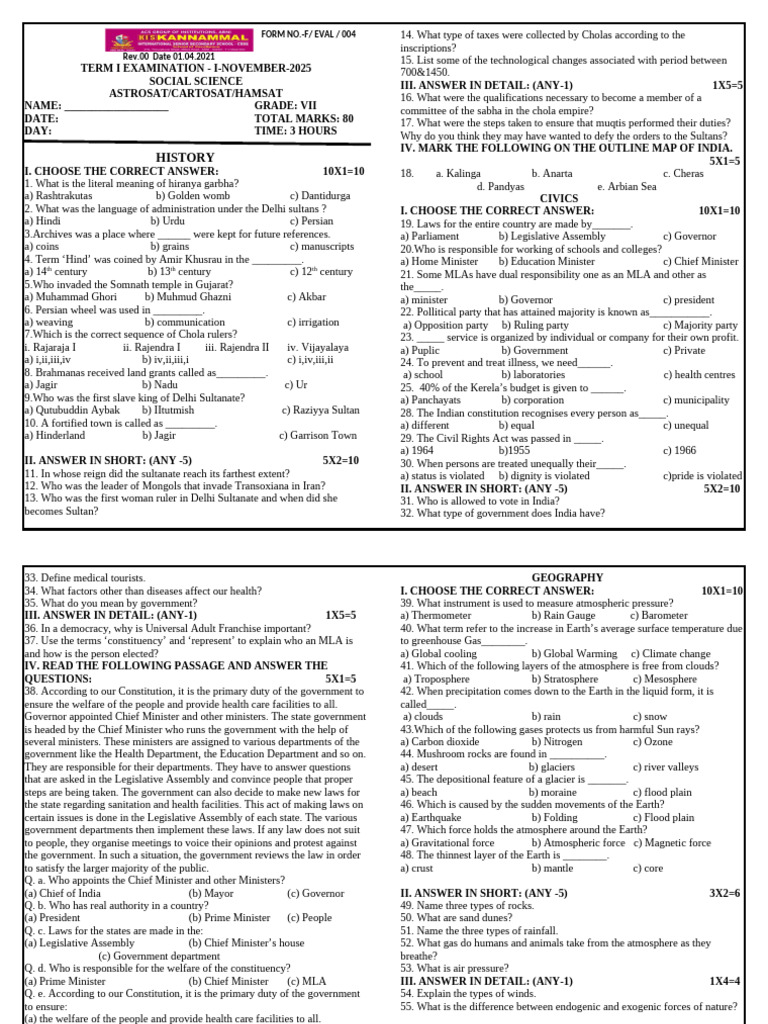 G7-Term-1 - Social QP 2025-26 | PDF | Earth | Atmosphere Of Earth