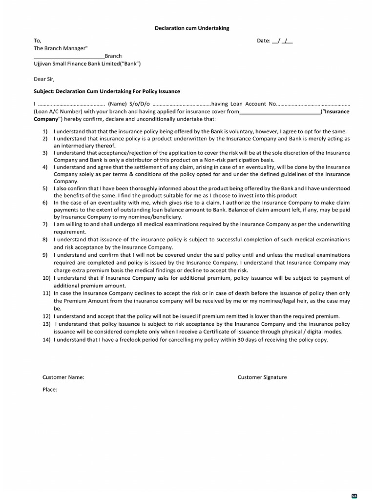 Declaration Cum Undertaking - Insurance Coverage-1 | PDF