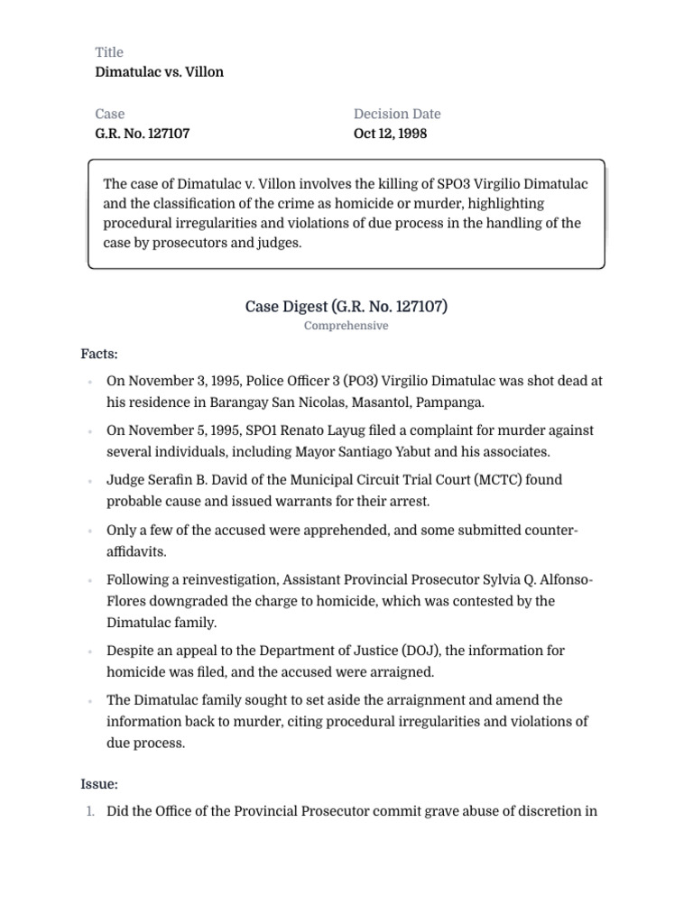 Case Digest- G.R. No. 127107 - Dimatulac vs. Villon | PDF | Arraignment | Prosecutor