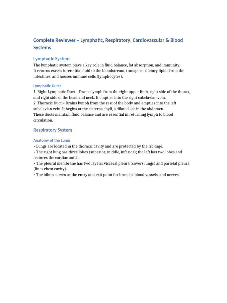 Lymphatic, Respiratory, Cardiovascular Overview | PDF | Lung ...