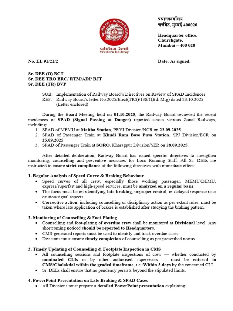 Implementation of Railway Board's Directives On Review of SPAD ...