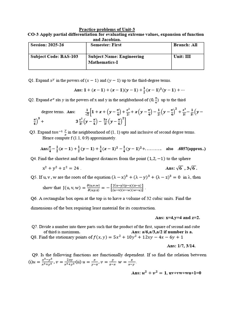 Engineering Mathematics-I Unit 3 Problems | PDF | Equations ...