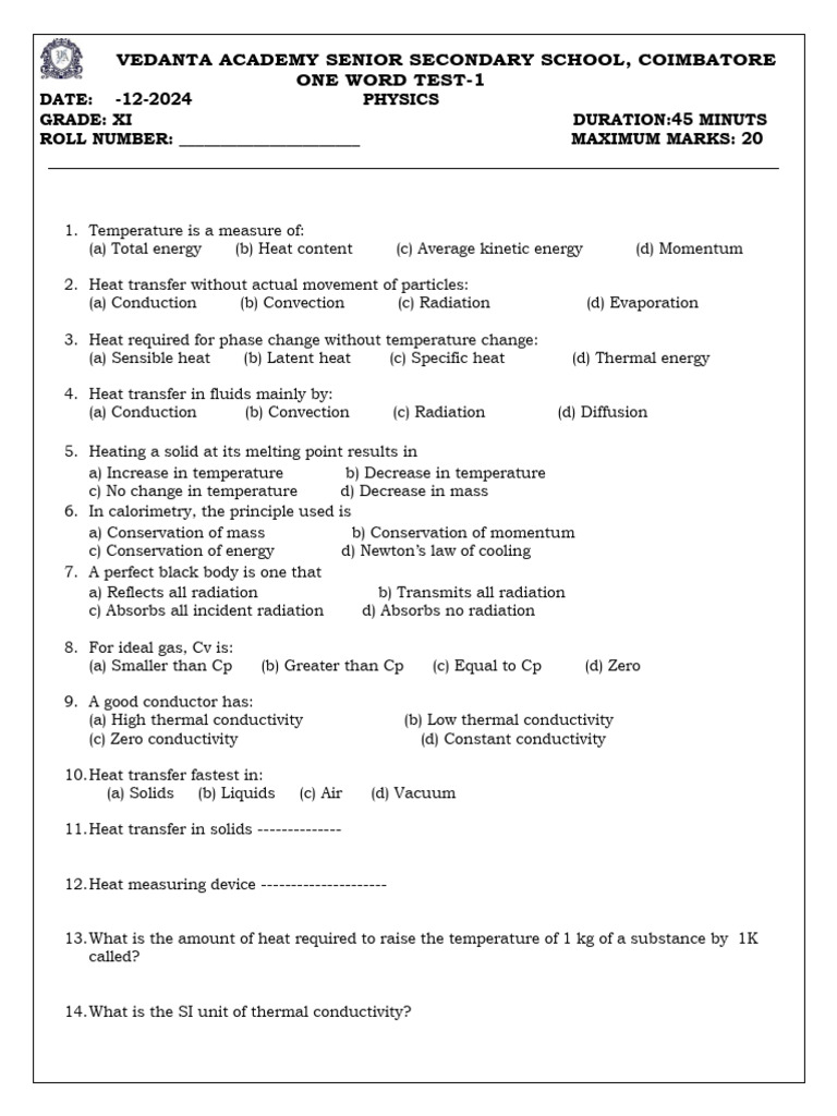 Onw Word Test 1 Grade 11 | PDF | Heat Transfer | Heat