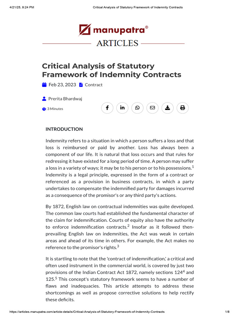 Indemnity Contracts: Statutory Analysis | PDF | Indemnity | Common Law