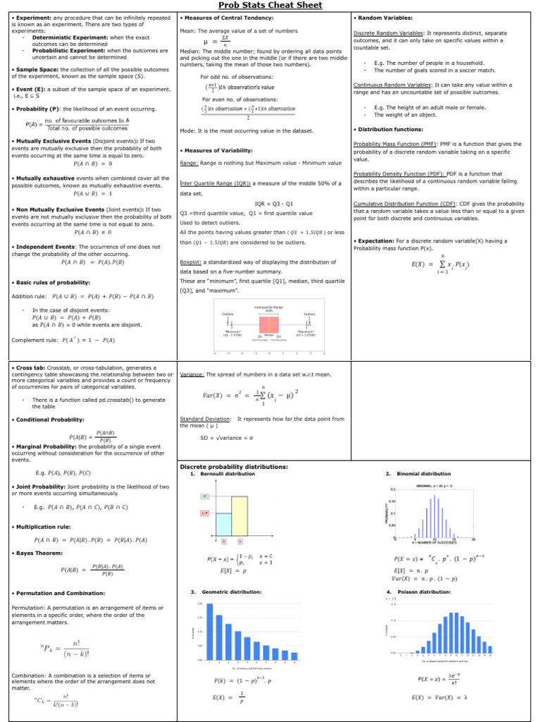 Prob Stats Cheatsheet | PDF | Probability Distribution | Probability Theory
