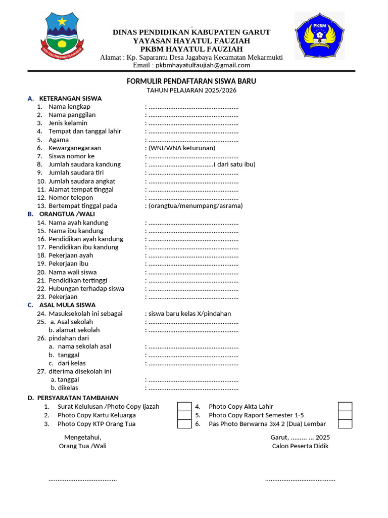 Formulir Pendaftaran Siswa Baru 2025/2026 | PDF