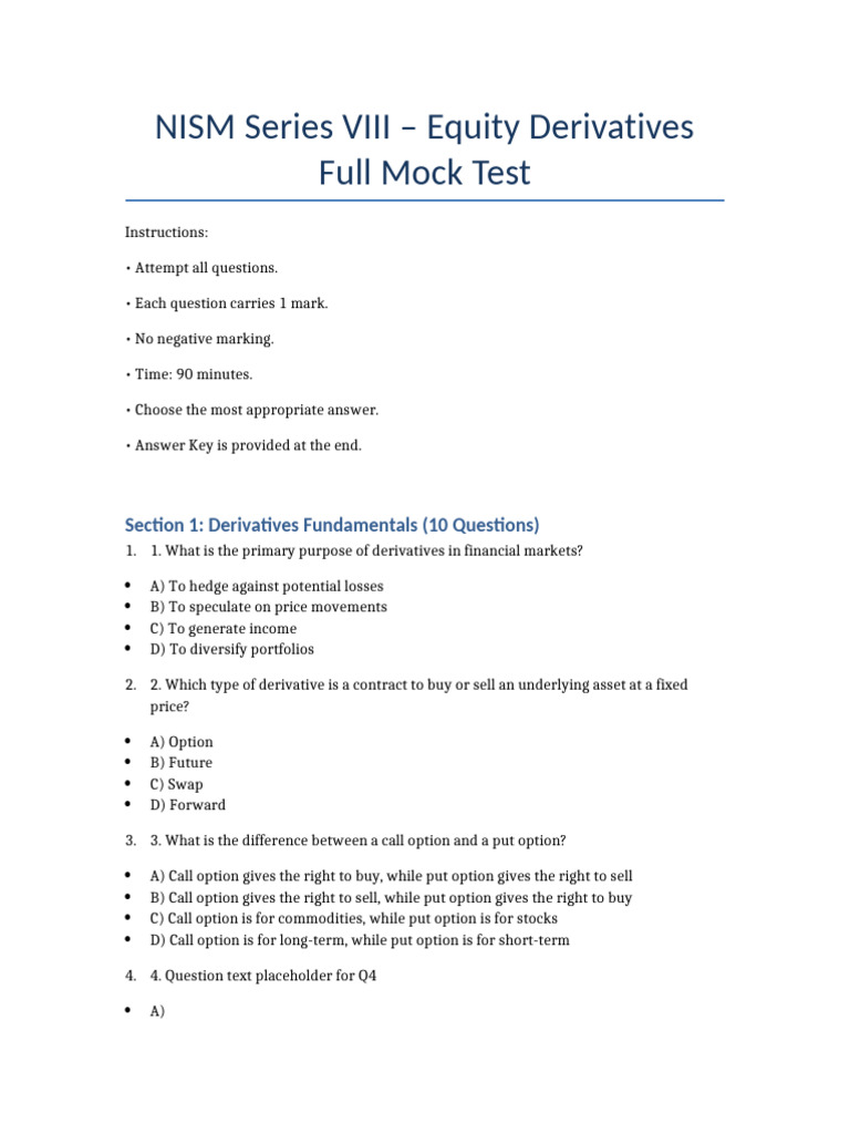 NISM Series VIII Equity Derivatives Full Mock Test ExamStyle | PDF ...