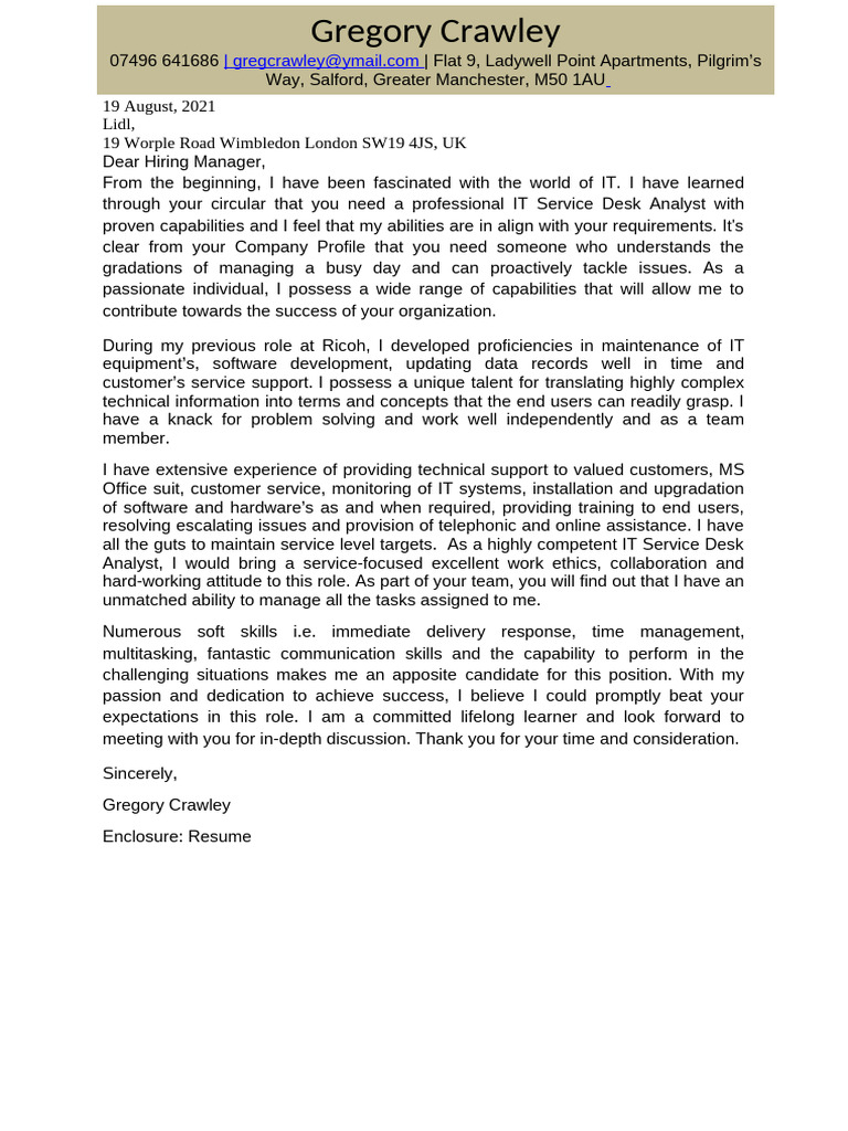 Gregory Crawley Cover Letter | PDF