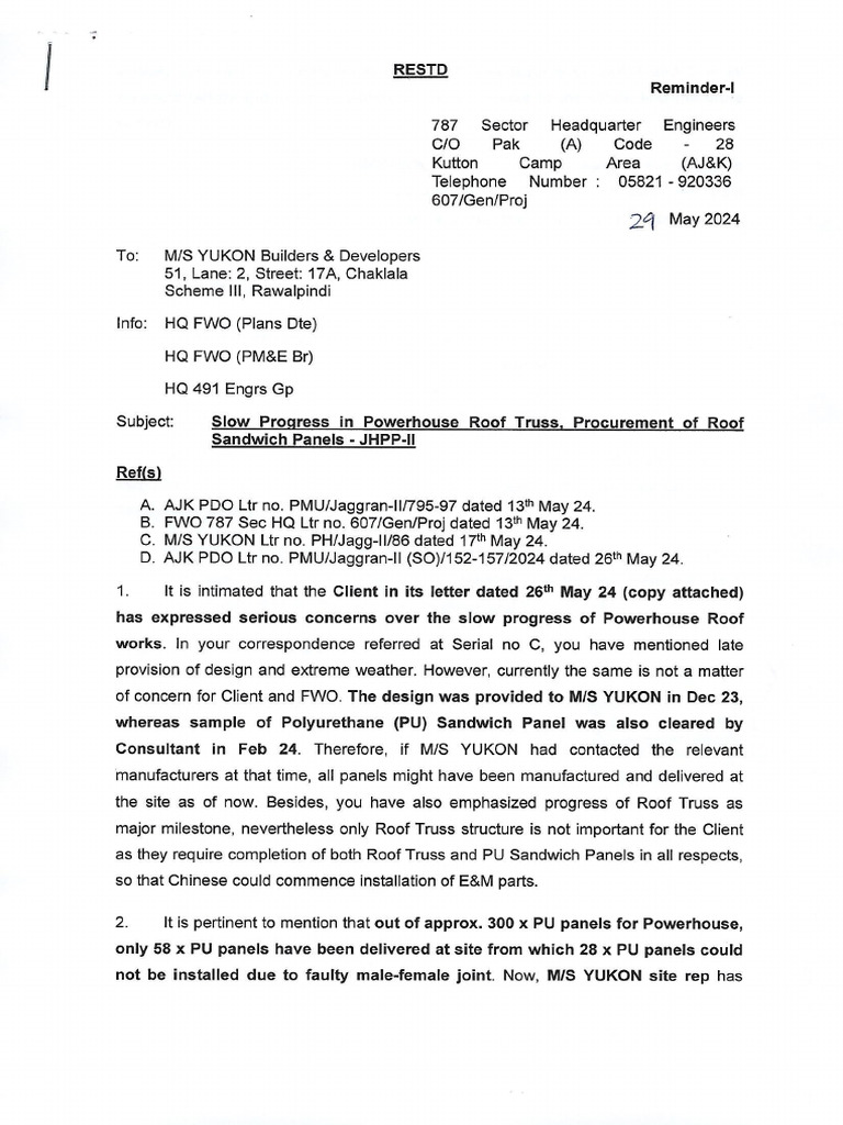 Letter To YUKON 29 May 24 - Slow Progress at Powerhouse | PDF