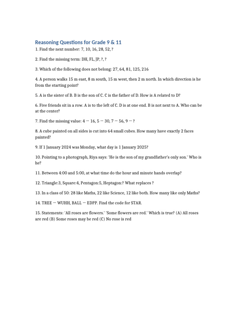 Reasoning Questions Grade9 11 | PDF