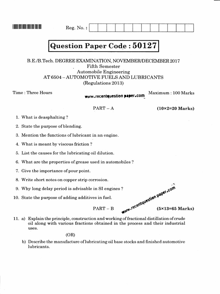 AT6504 Automotive Fuels and Lubricants Question Paper Nov Dec 2017 ...