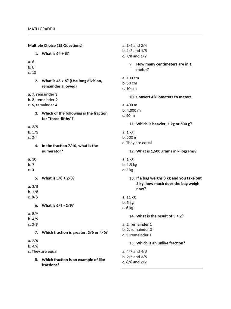 Math Grade 3 | PDF | Kilogram | Chess