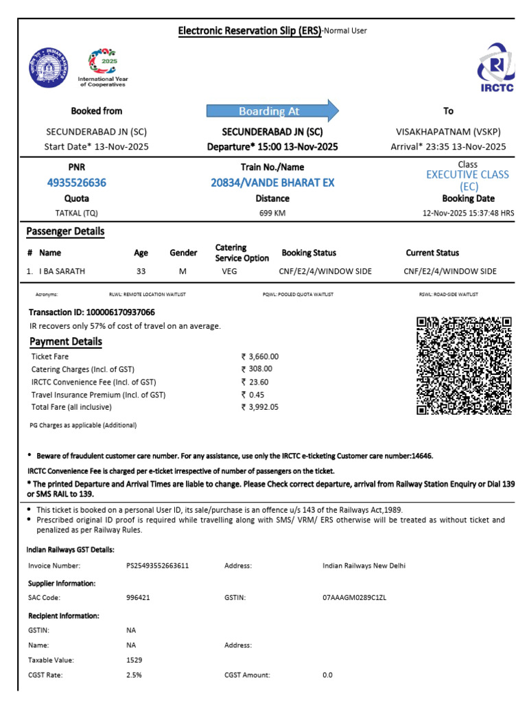 Electronic Reservation Slip for Train Ticket | PDF | Identity Document ...