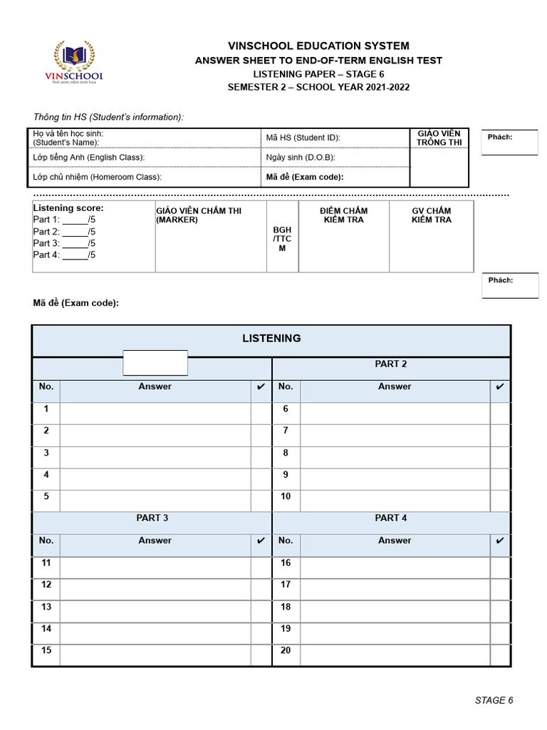AnswerSheet Listening Stage 6 Sample.docx | PDF