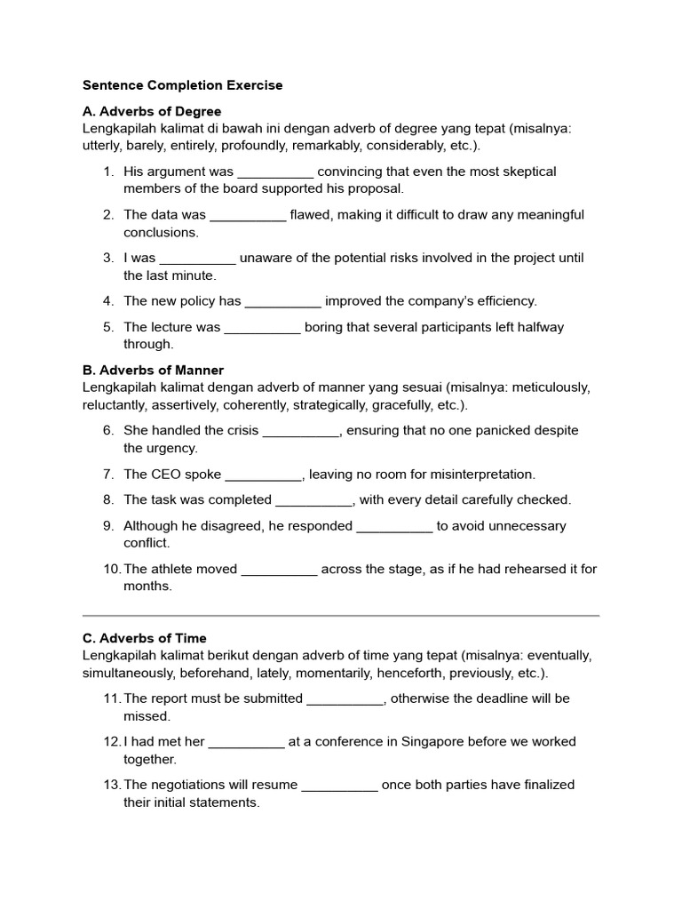 Sentence Completion Exercise | PDF