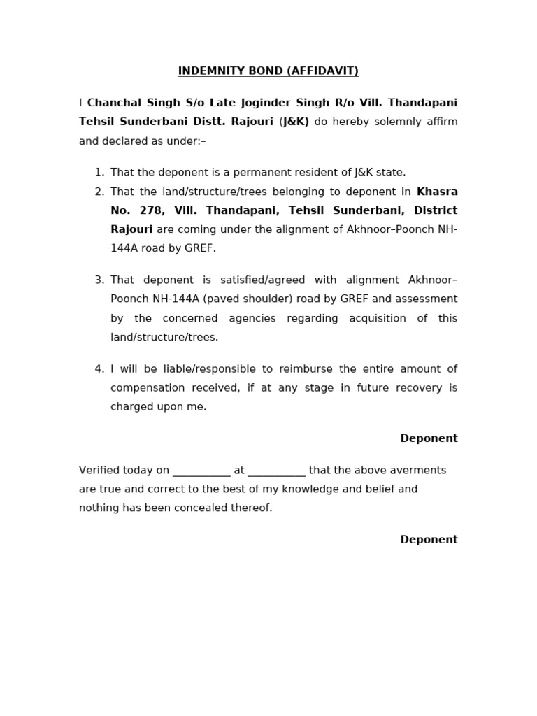 Nh-144a Indemnity Bond | PDF